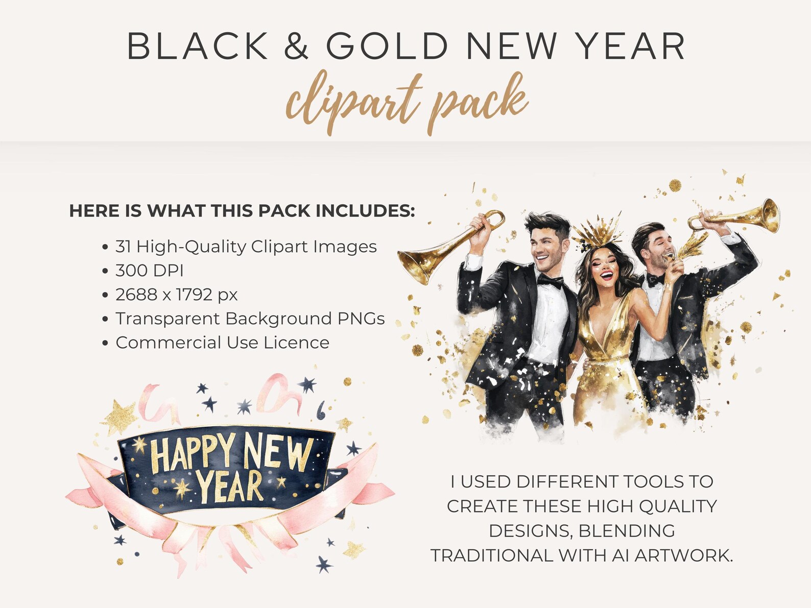Happy New Year Clipart Black and Gold 2025, Black Pink Gold Festive PNG ...