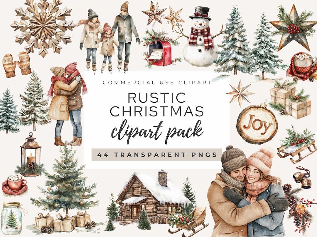 Watercolor Rustic Christmas Clipart Pack - Cozy Christmas PNG - Boho ...