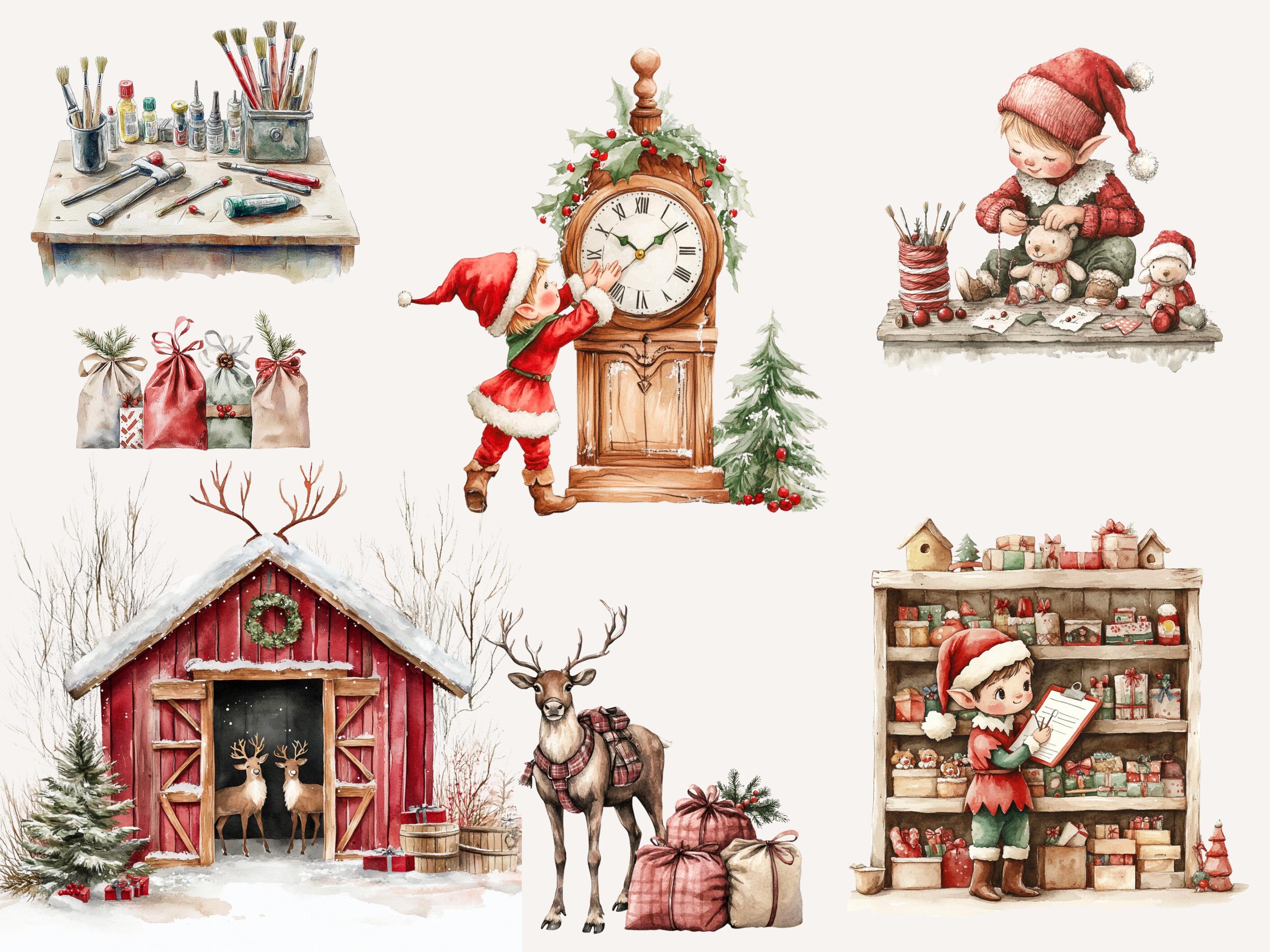 Santa's Workshop Clipart, Watercolor Christmas Clipart Bundle ...
