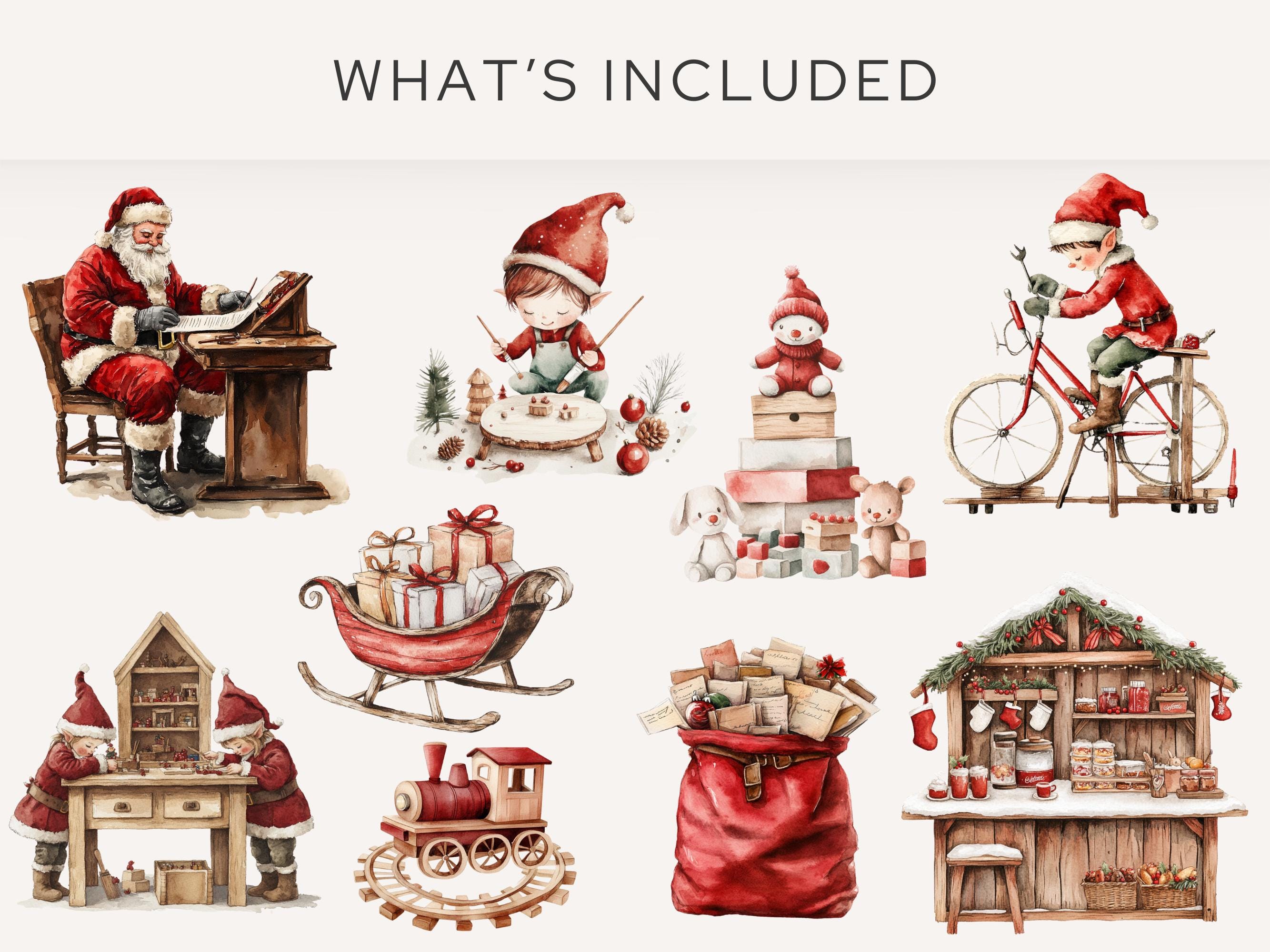 Santa's Workshop Clipart, Watercolor Christmas Clipart Bundle ...
