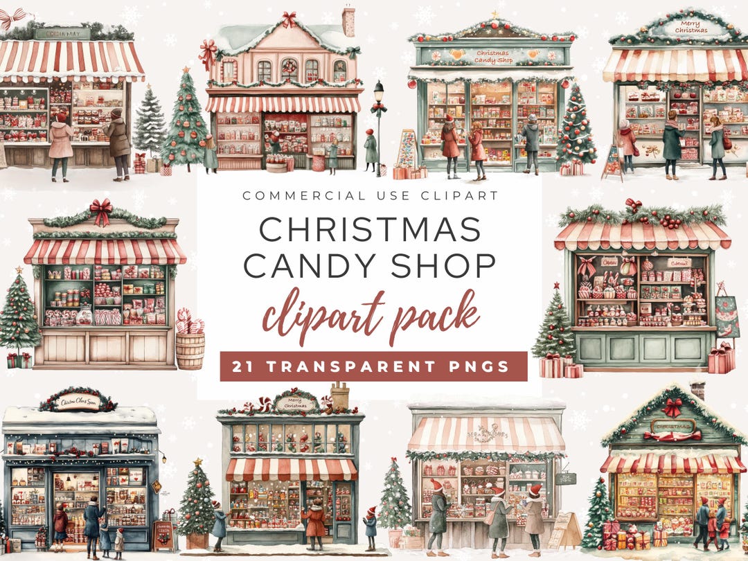 Christmas Candy Shop Clipart Bundle, 21 Cute Watercolor Winter Shop PNG ...