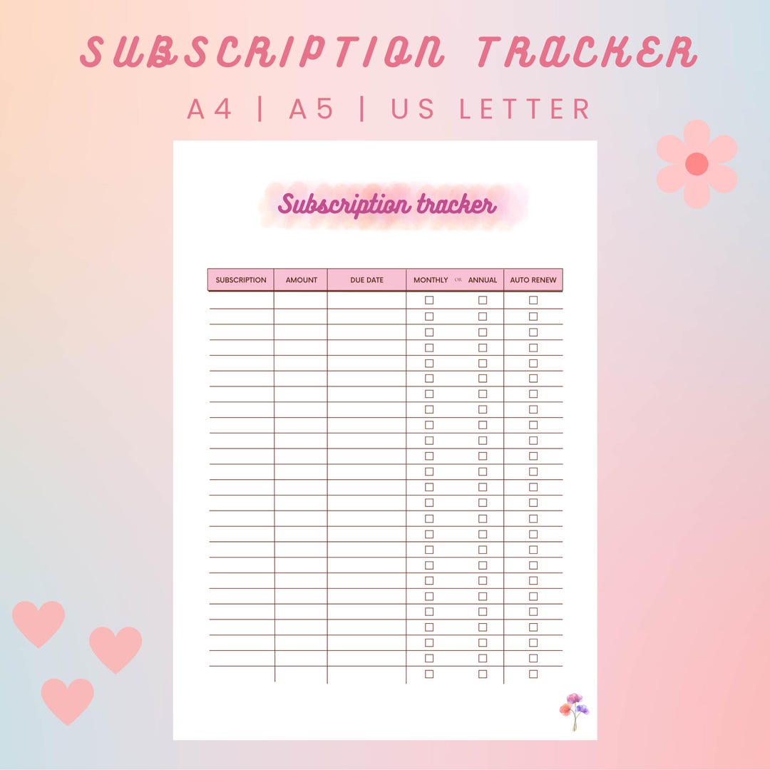 Subscription Tracker Printable Membership Tracker Expense Tracker ...