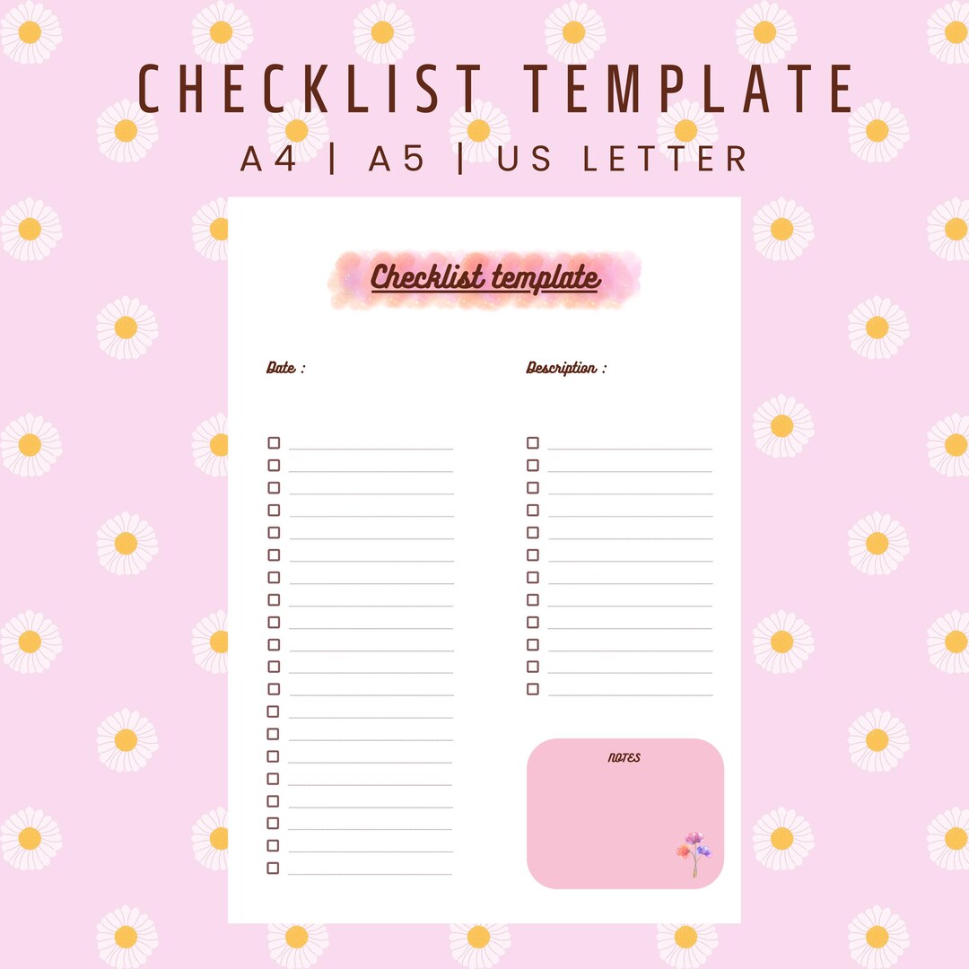 Girly A5 Checklist Template A4 to Do List Pink and Purple Checklist ...