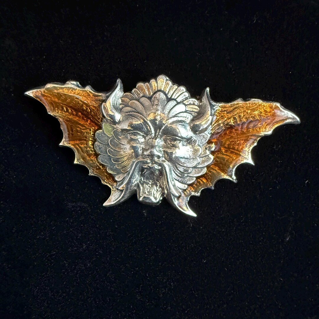 Unique Vintage Devil Head Greenman Brooch Enamel and Solid Sterling ...