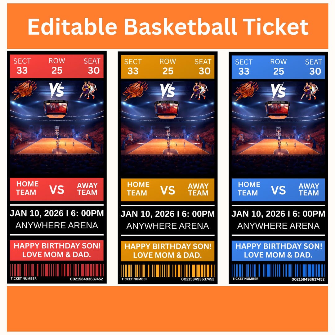 Printable Basketball Ticket Template, Custom Basketball Tickets ...