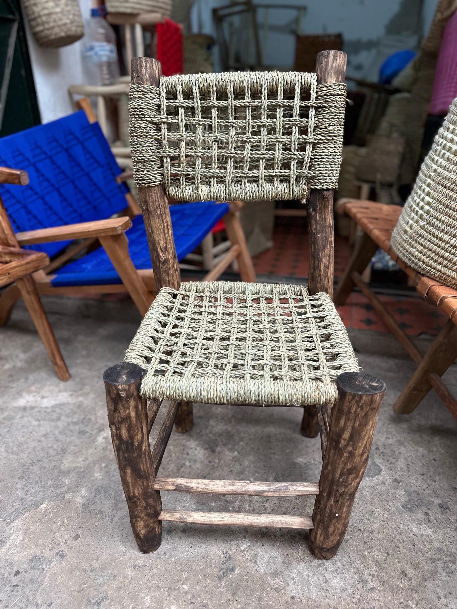 Handcrafted Moroccan Wooden Chair With Woven Palm Leaf Seat | Rustic ...