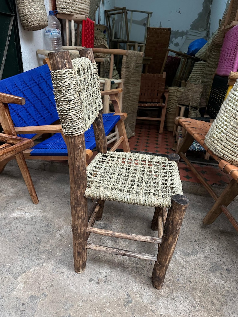 Handcrafted Moroccan Wooden Chair With Woven Palm Leaf Seat | Rustic ...