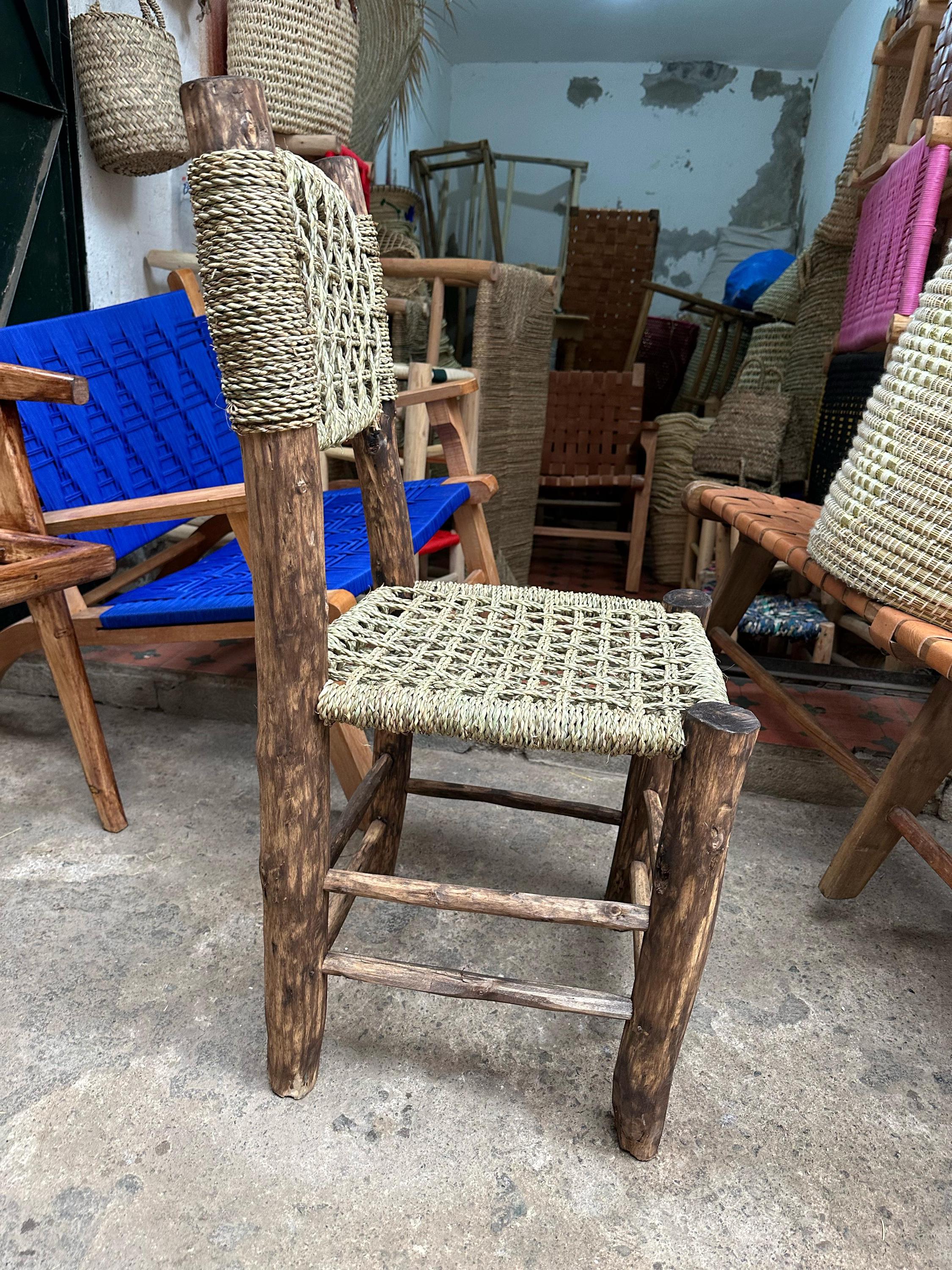 Handcrafted Moroccan Wooden Chair With Woven Palm Leaf Seat | Rustic ...