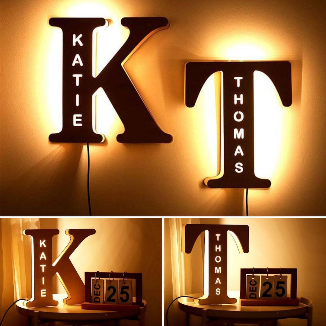 Custom Wooden Name Night Light: Personalized Letter, Kid Bedside Lamp ...