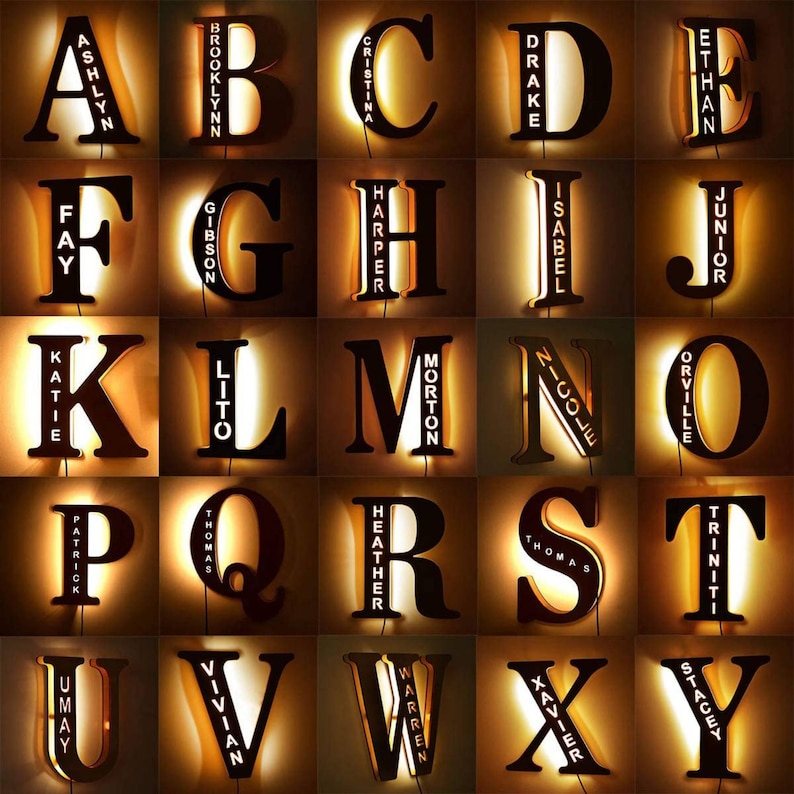 Custom Wooden Name Night Light: Personalized Letter, Kid Bedside Decor ...
