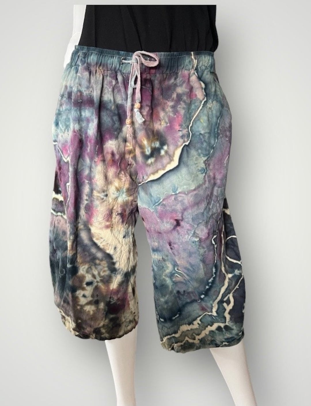 Tie Dye Baggy Pants, Unisex Large Mid Calf Cotton & Linen Shorts ...