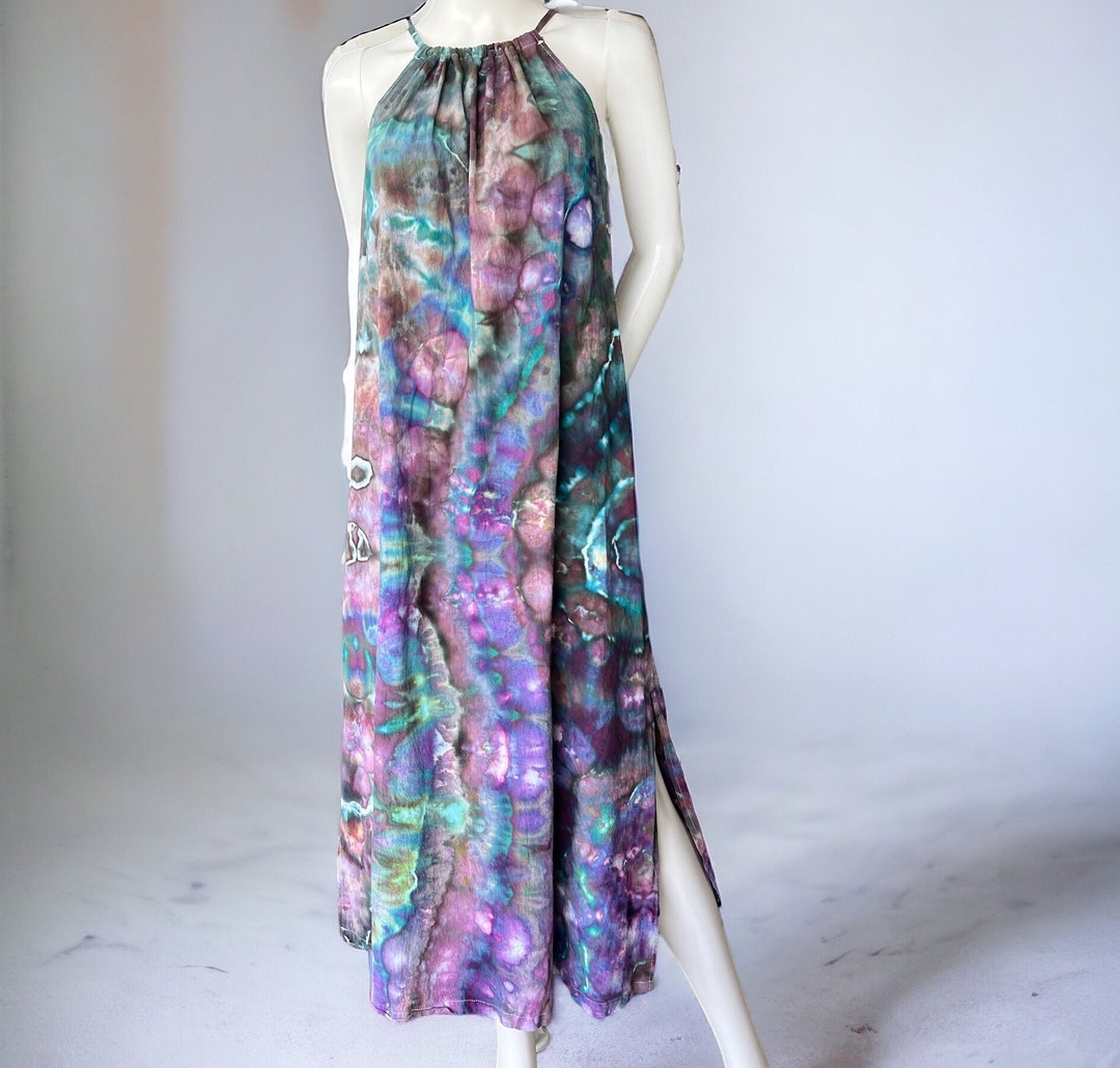 XL Halter Neck Geode Maxi Dress With Side Slits, Ice Dyed Cotton/linen ...