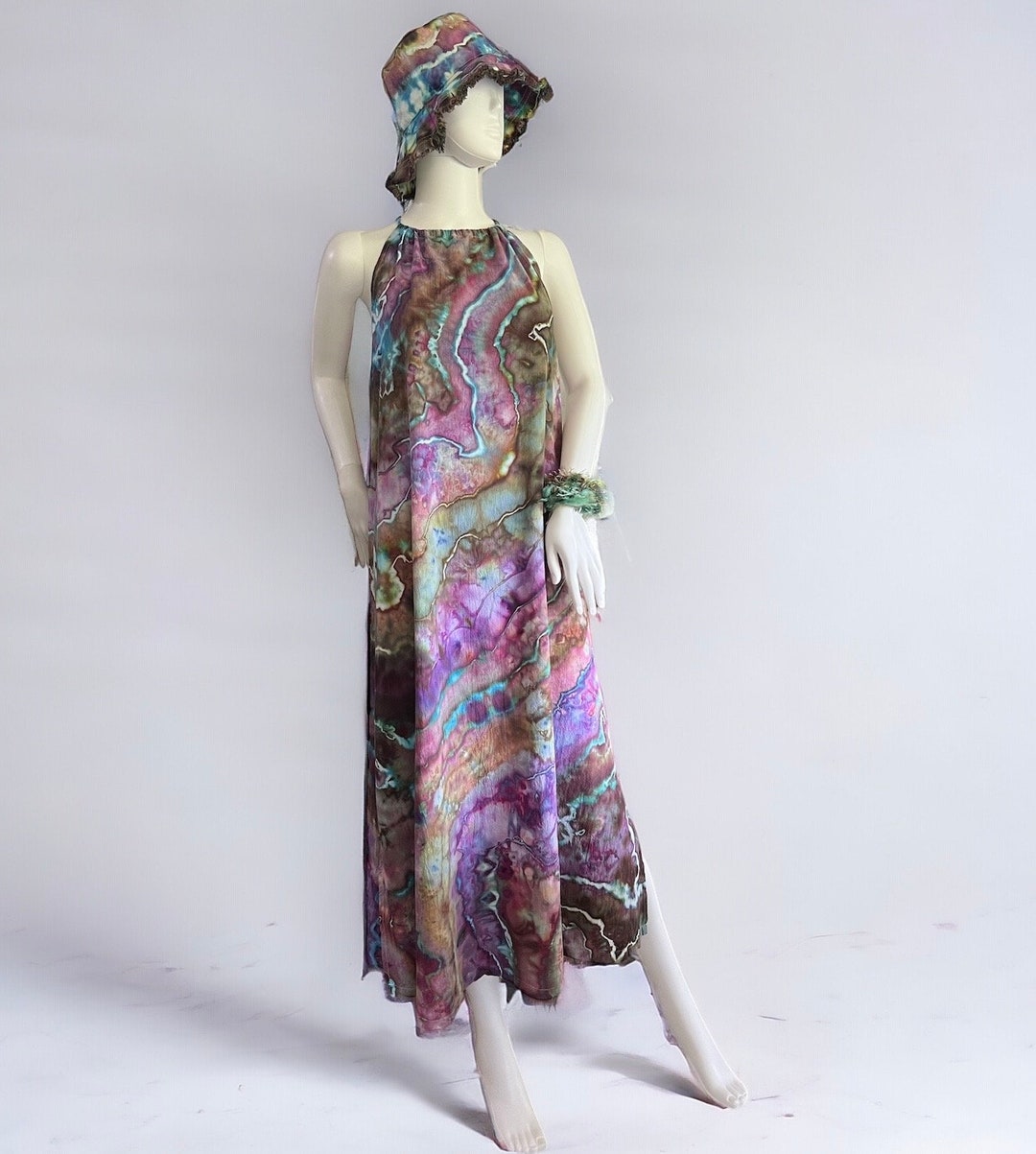 Halter Neck Geode Maxi Dress With Side Slits, Medium, Ice Dyed Cotton ...