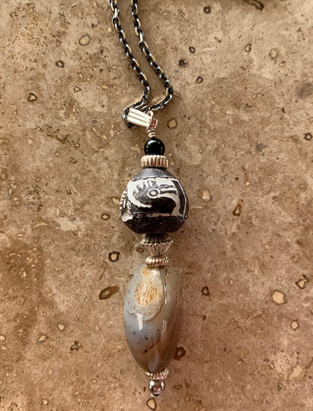 Fein geschnitzte Vogel Tier Perlen Anhänger Halskette - Sterling Silber ...