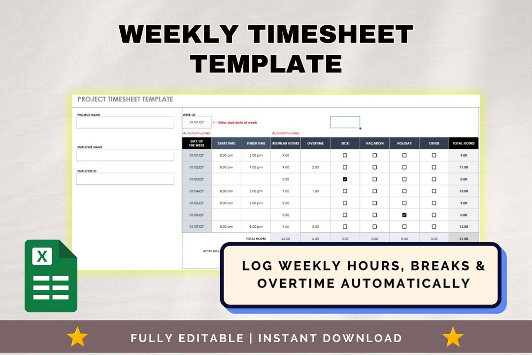 Weekly Timesheet Template | Time Tracker | Employee Timesheet | Project ...