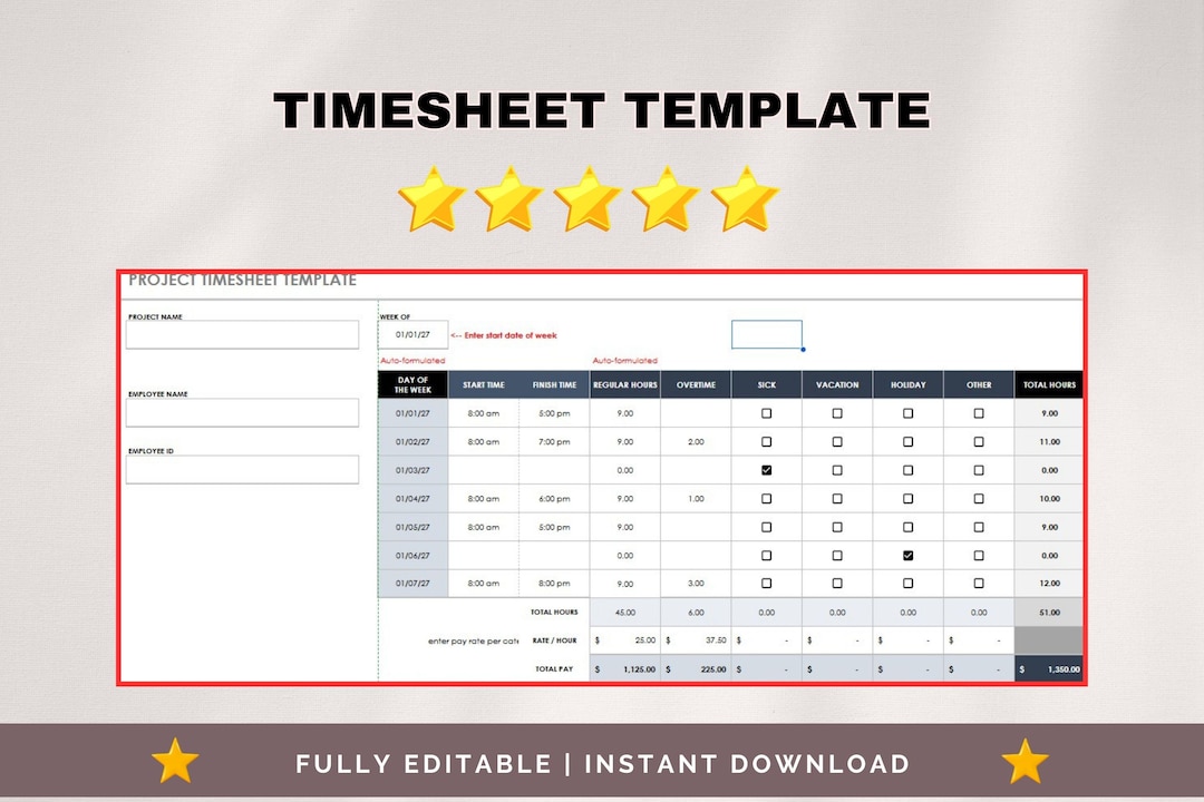 Weekly Timesheet Template | Time Tracker | Employee Timesheet | Project ...