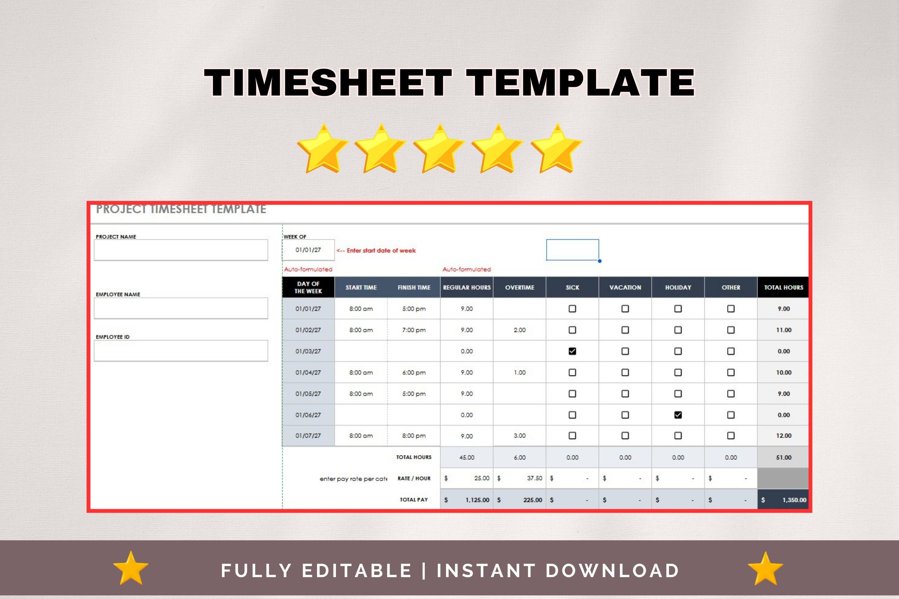 Weekly Timesheet Template | Time Tracker | Employee Timesheet | Project ...
