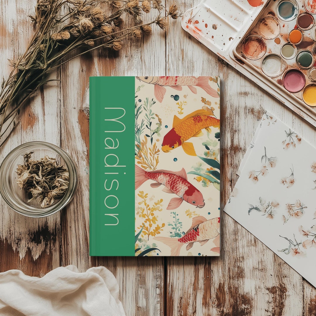 Koi Fish Nature-inspired Notebook, Custom Name Hardcover Journal ...