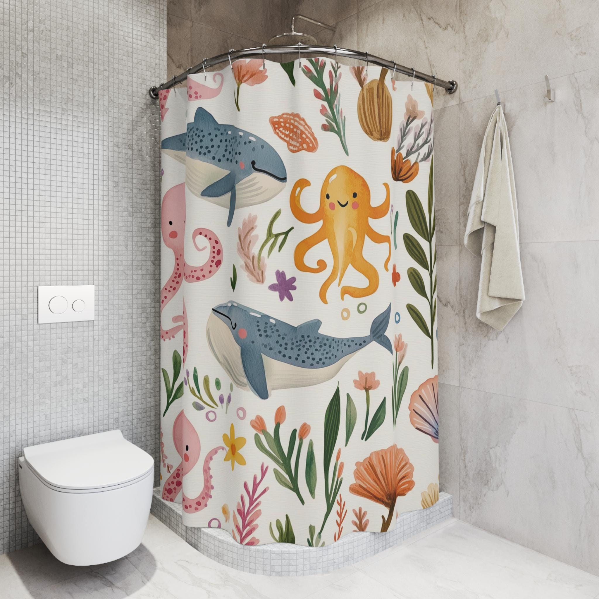 Cute Underwater Animals Shower Curtain, Whale Octopus Bathroom Decor ...
