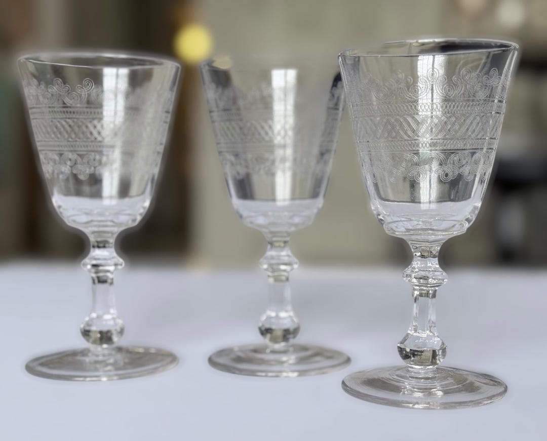 Vintage Etched Crystal Wine Goblets - Set of 3 French Stemware - Etsy