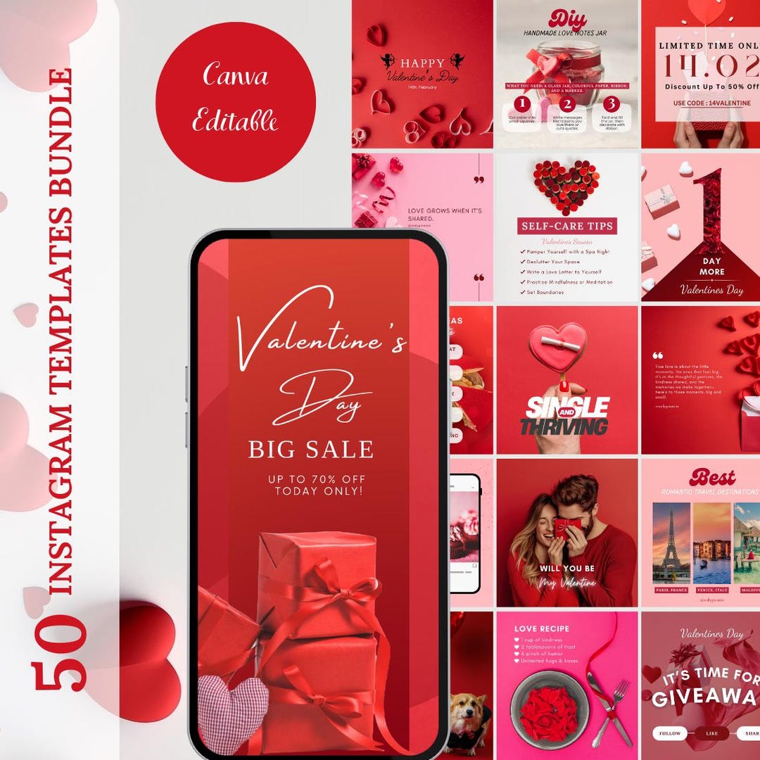 Valentines Day Instagram Posts Canva Red Pink Instagram Templates Story ...