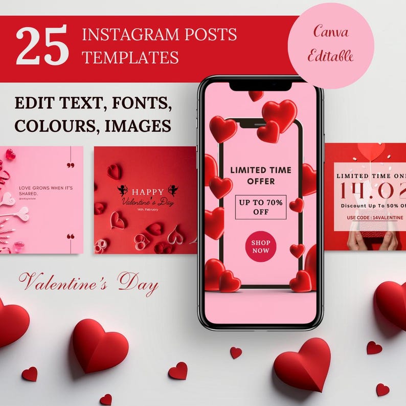 Valentines Day Instagram Posts Canva Red Pink Instagram Templates Story ...