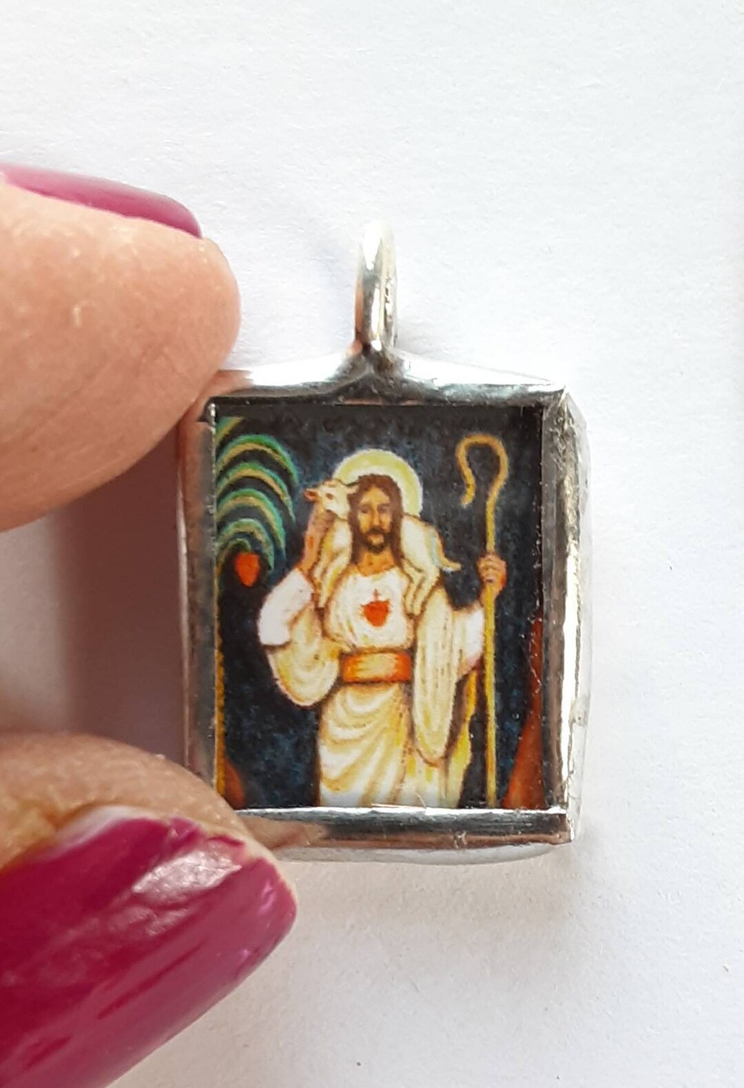 Sacred Heart Good Shepherd Tiny Glass and Solder Medal on Chain - Etsy