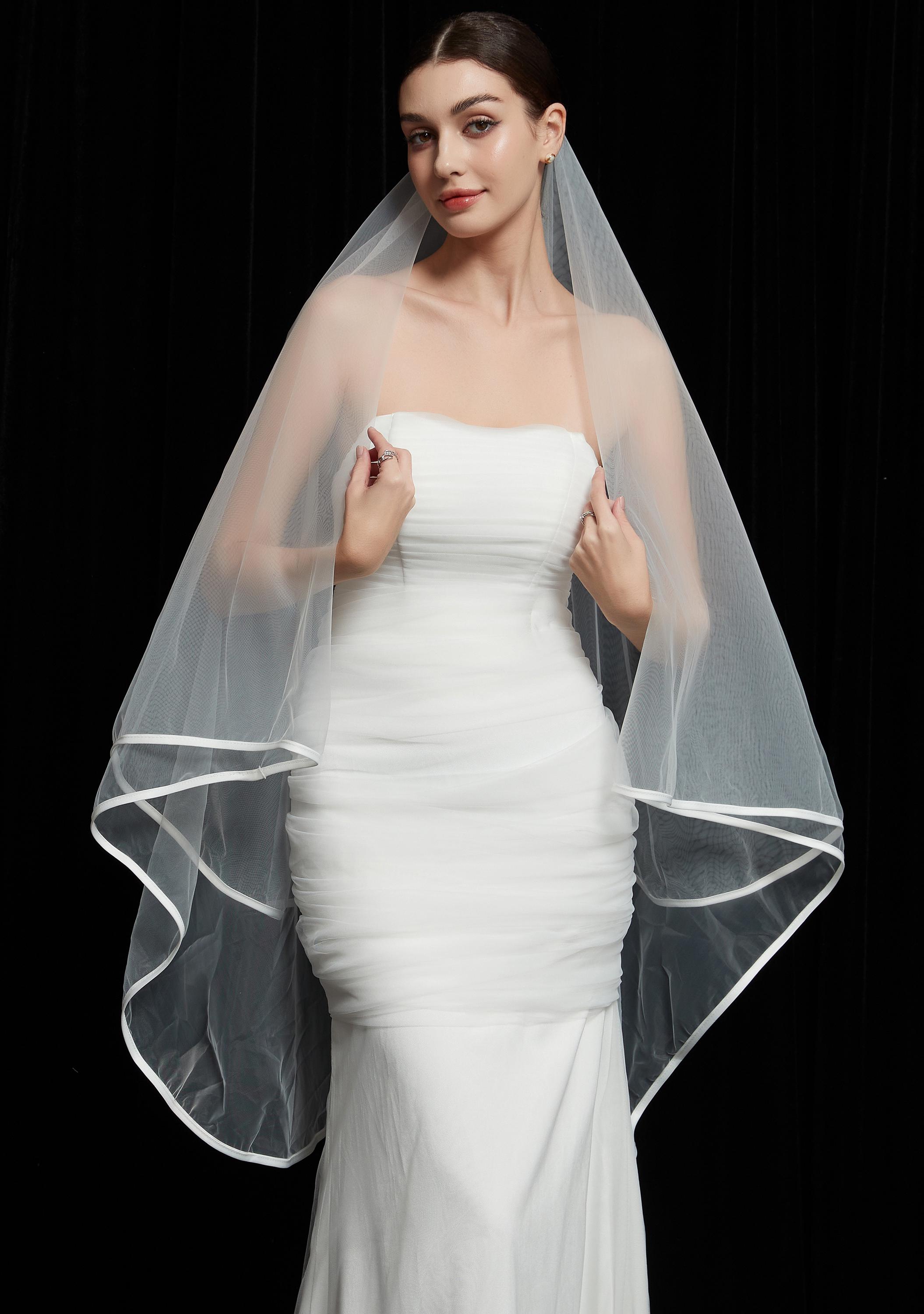 Satin Ribbon Trim Wedding Veil, Satin Edge 2 Tier Waltz Length Veil ...