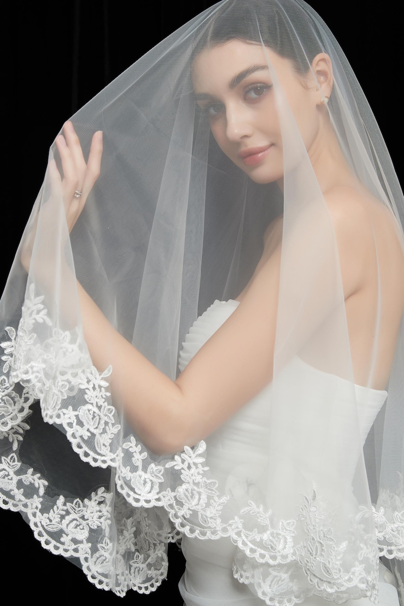 Lace Wedding Veil | Lace Trim Bridal Veil | Lace Veil With Blusher | 2 ...