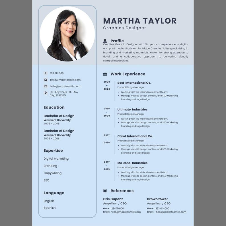 Resume Template Canva With Cover Letter, 1 Page Cv Template Canva ...