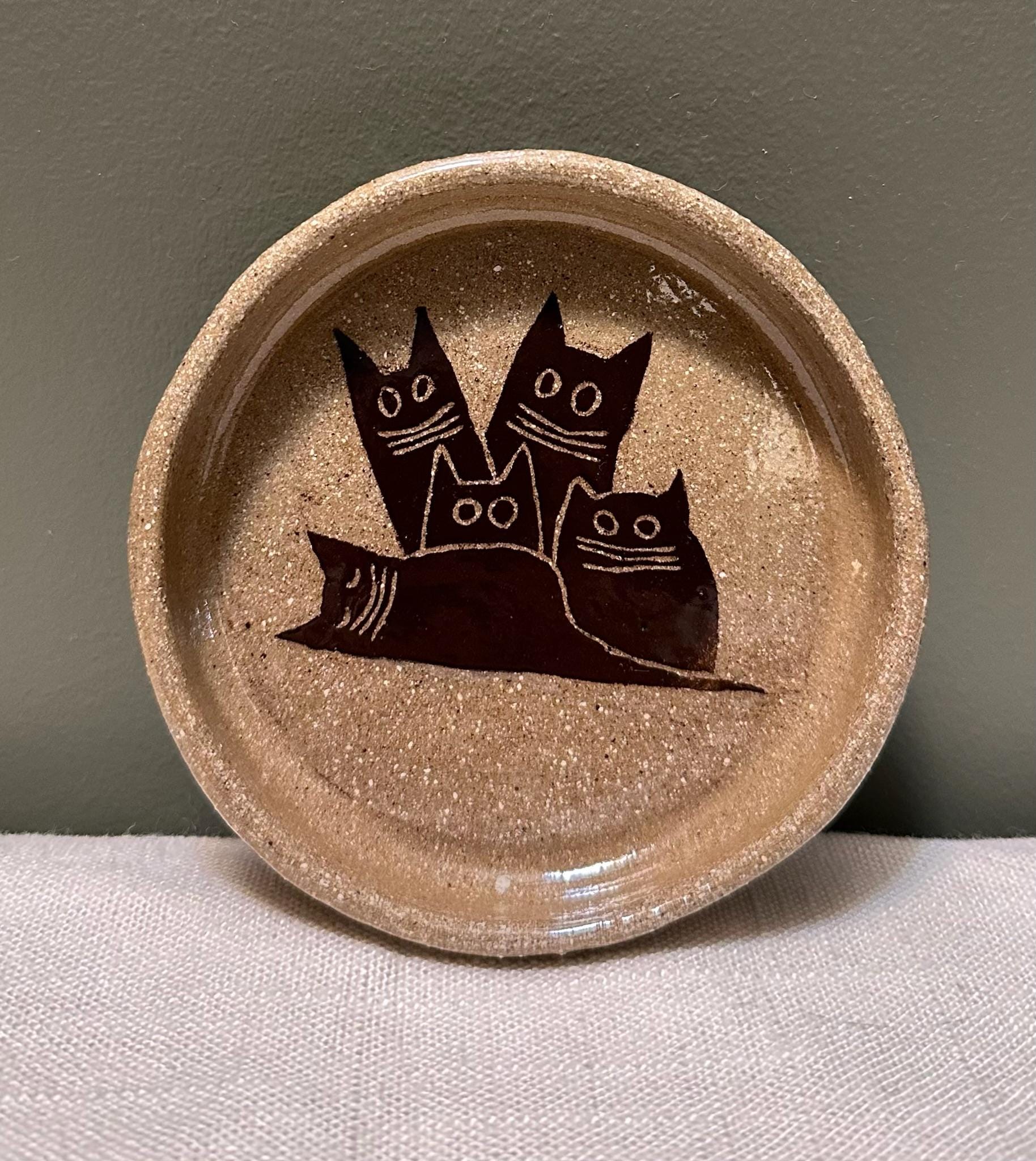 Sgraffito Cat Bowl Cat Ceramic Jewelry Dish Cuddly Cat Art Gift for Cat ...