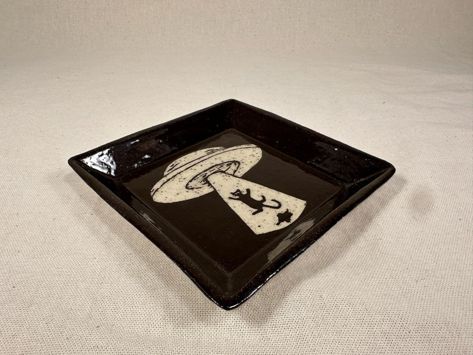Cat Abduction UFO Plate – Square Handmade Ceramic Dish | Whimsical ...