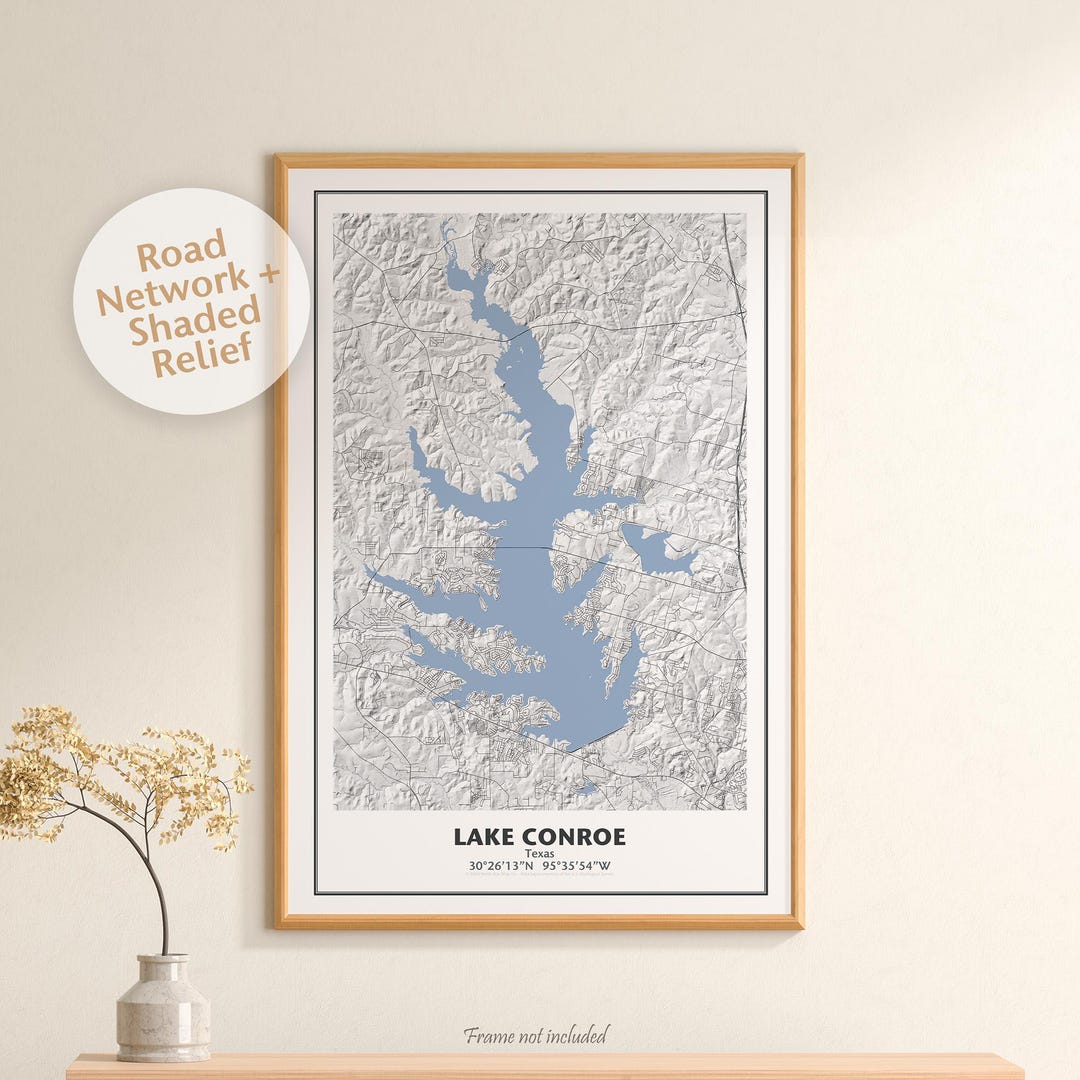 Lake Conroe Texas | 2D Shaded-relief Map | Lake Conroe TX Poster | Lake ...