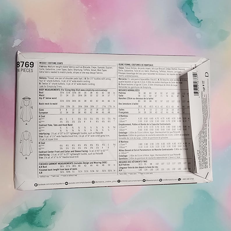 Simplicity 8769 Sewing Pattern Costume Coat - Etsy