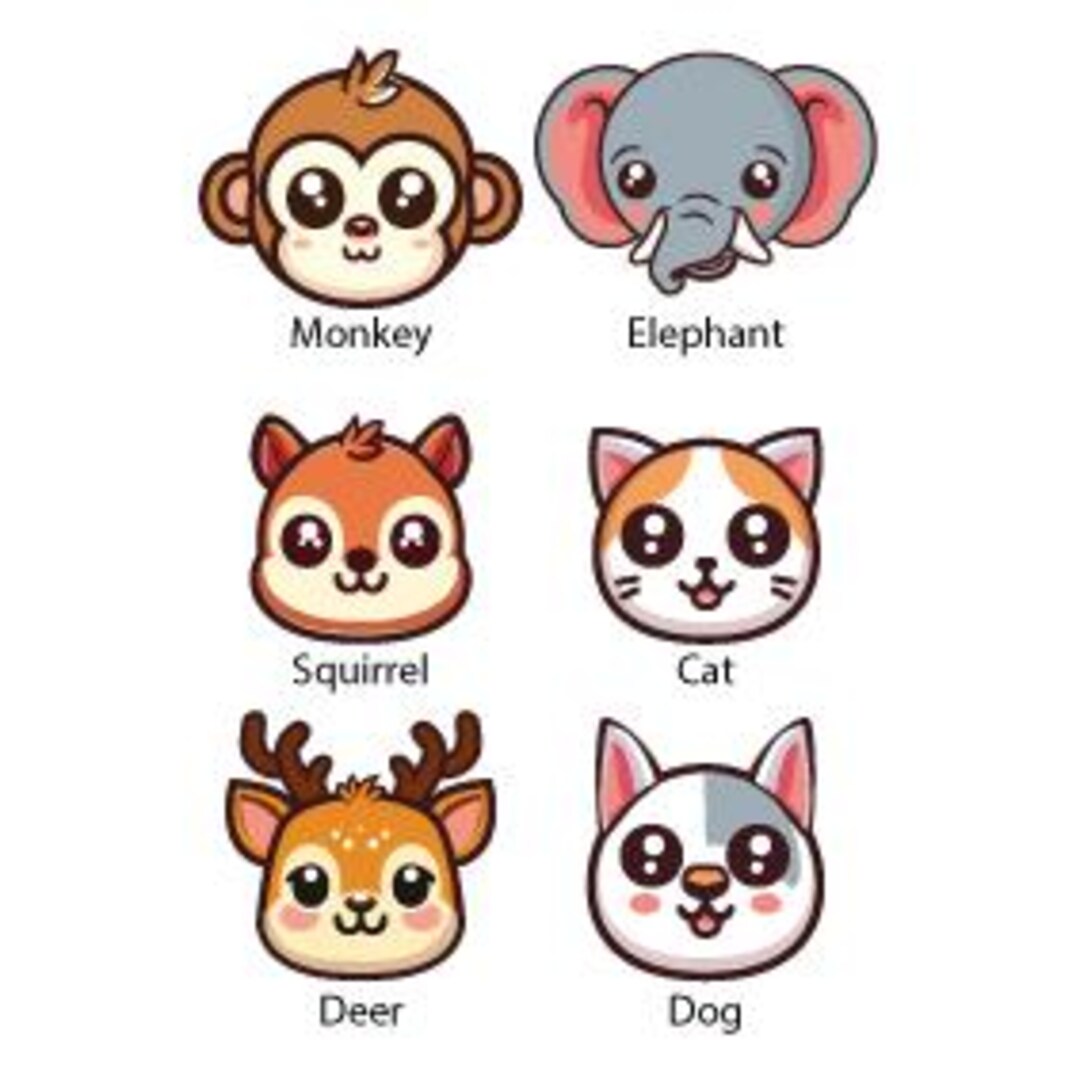 Cute Animal Face Clipart Set - Cat, Dog, Elephant, Monkey, Deer ...