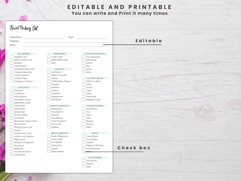 Travel Packing List Template: Vacation Planner & Checklist (printable ...