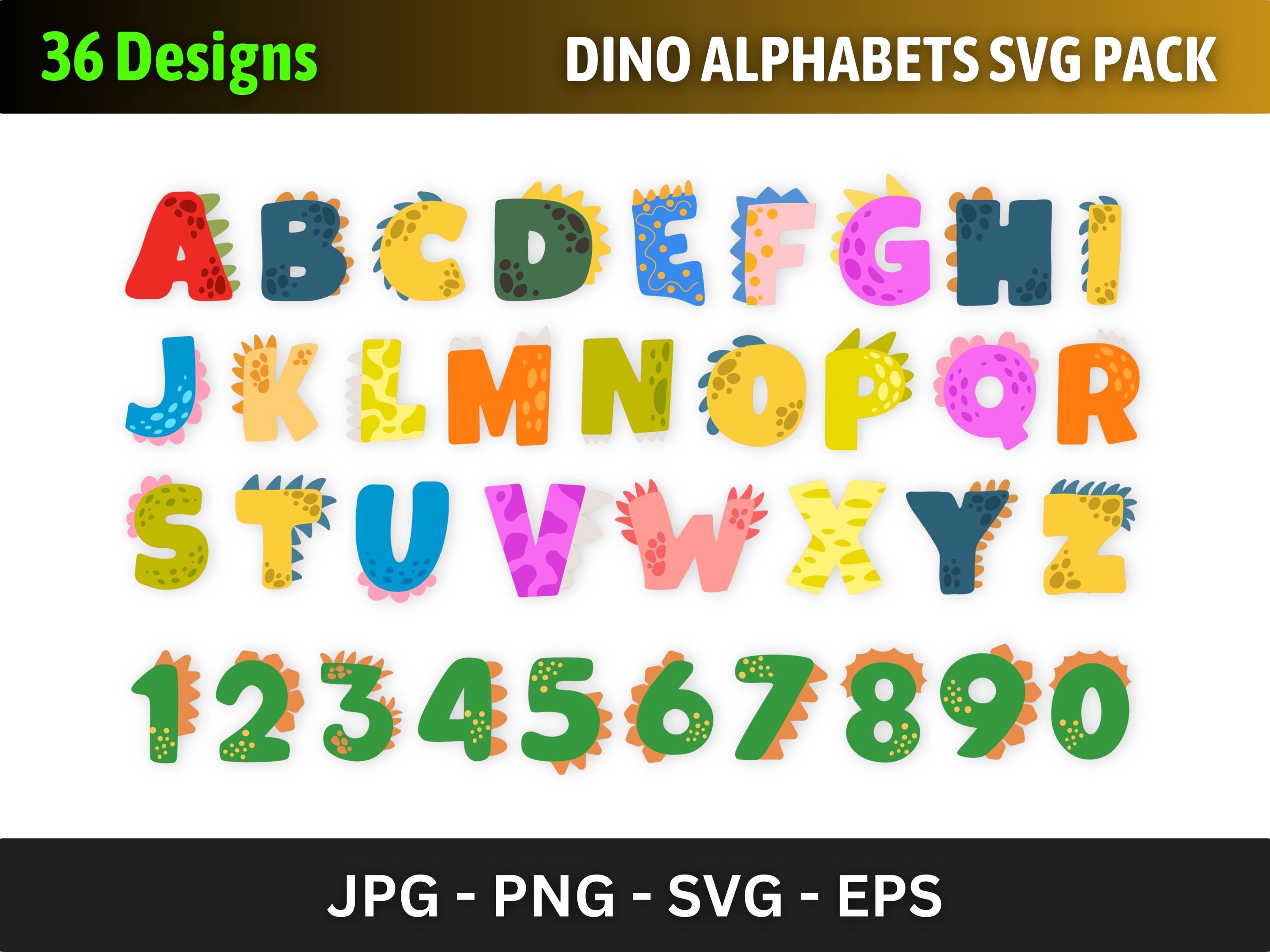 Dinosaur Alphabet and Numbers SVG Bundle, Dino Baby Font (36 Designs ...