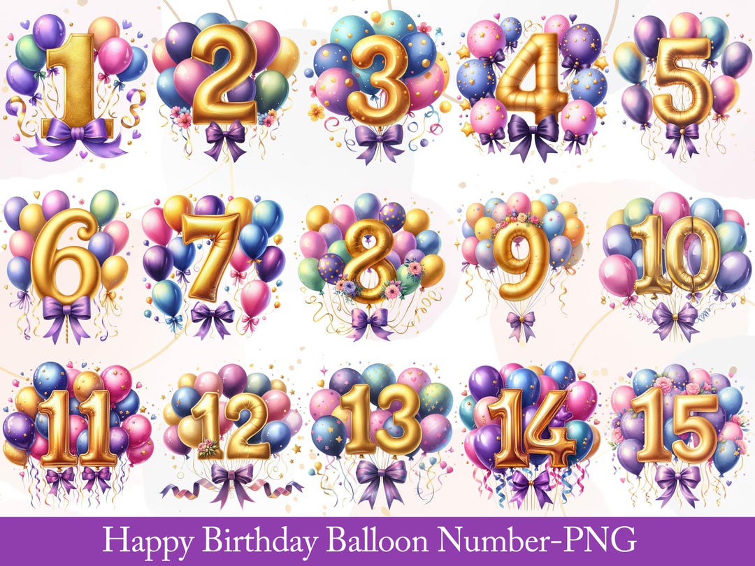 Happy Birthday Balloon Numbers PNG Bundle: Clipart & Sublimation ...