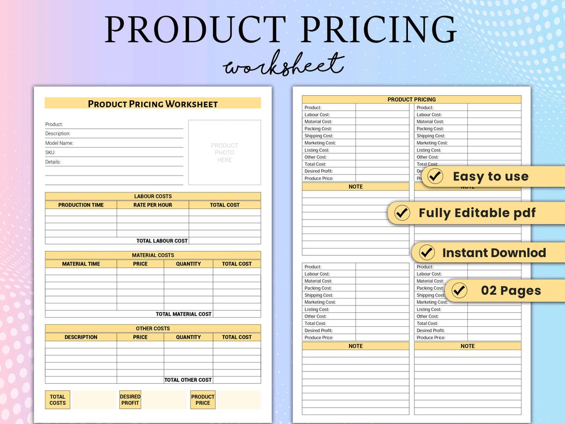 Product Pricing Worksheet, Simple Product Pricing Printable, Product ...