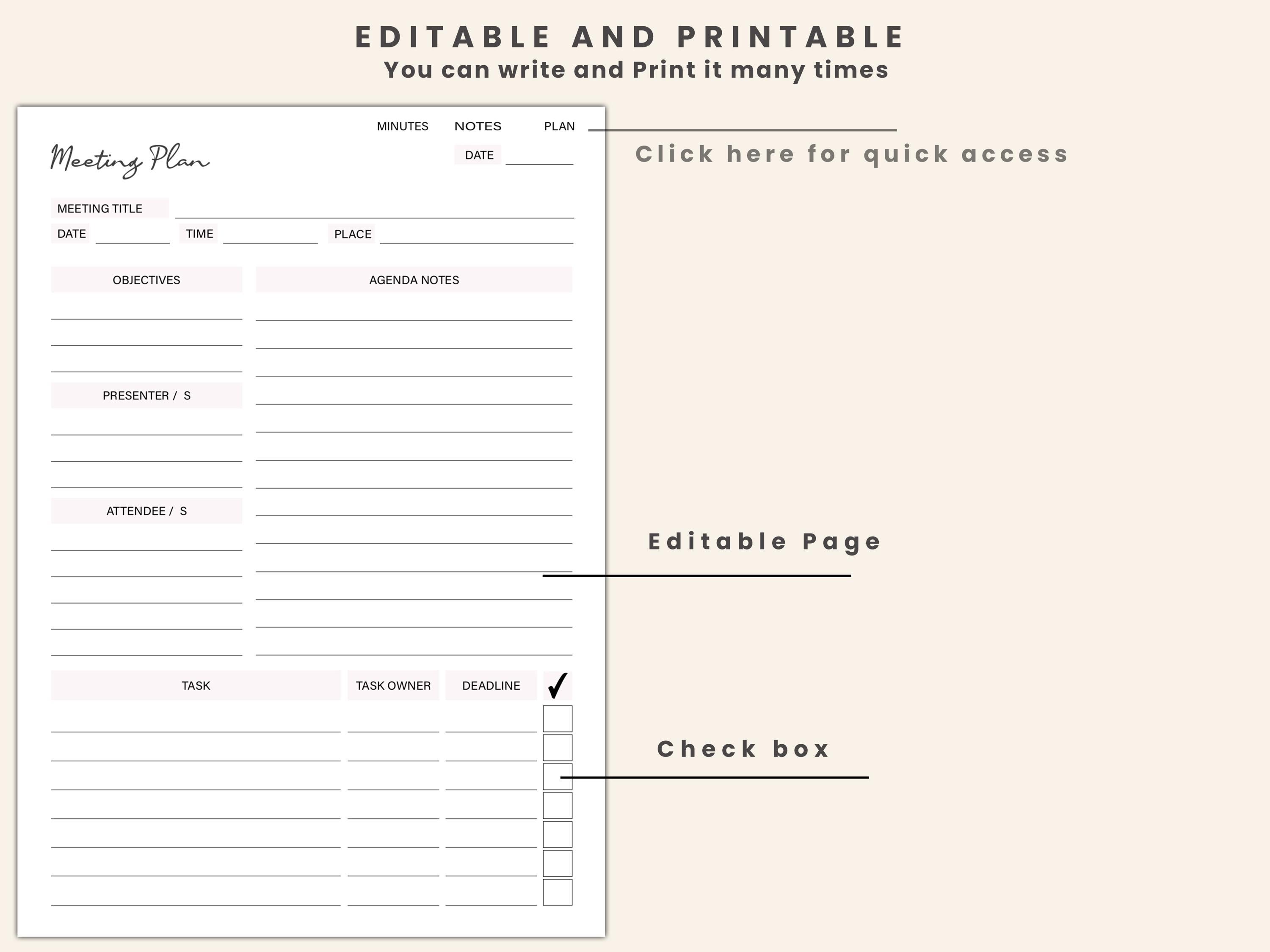 Meeting Notes Template Printable, Business Notes Template, Meeting ...