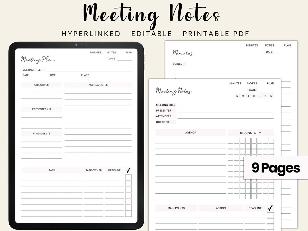 Meeting Notes Template Printable, Business Notes Template, Meeting ...