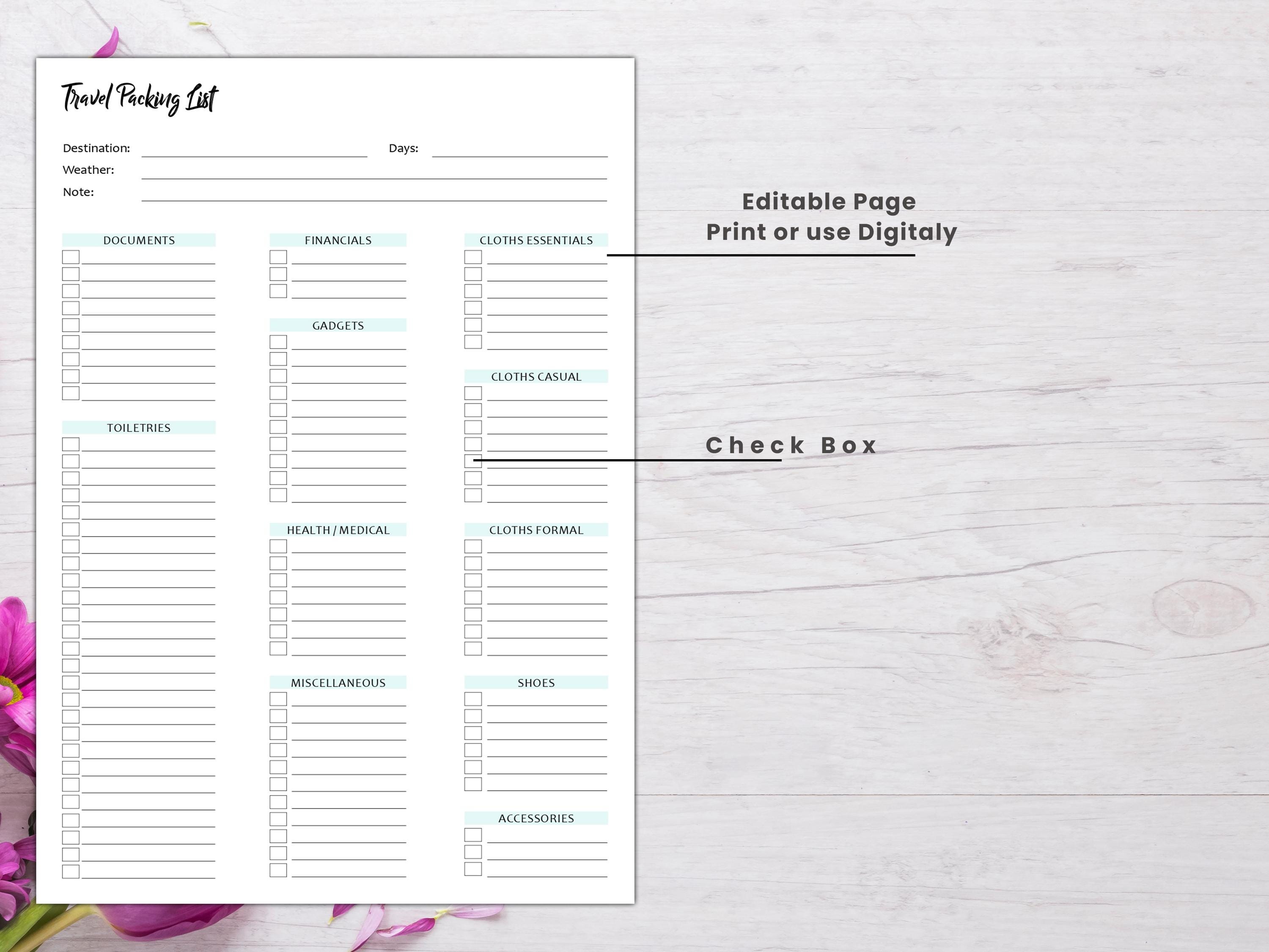 Travel Packing List Template: Vacation Planner & Checklist (printable ...
