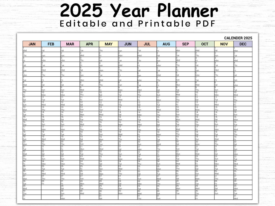 2025 Year Planner: Minimalist One Page Calendar (digital Download) - Etsy