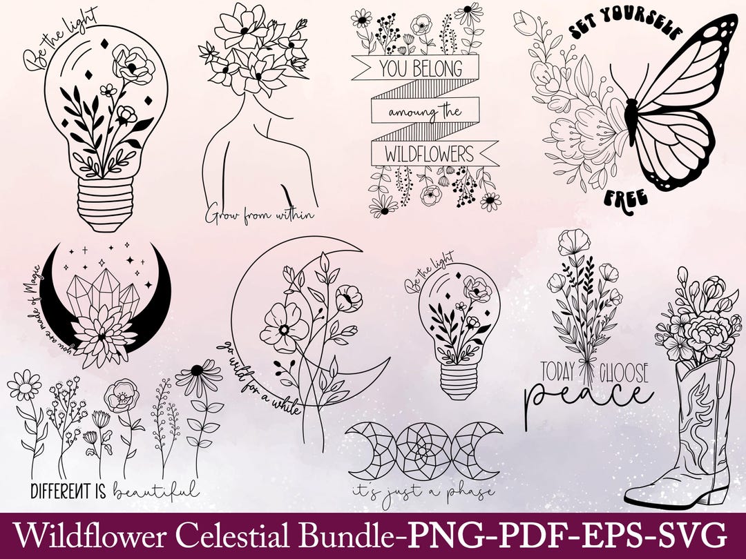 Wildflower Celestial SVG Bundle: Boho Moon, Sun, Star Clipart - Etsy