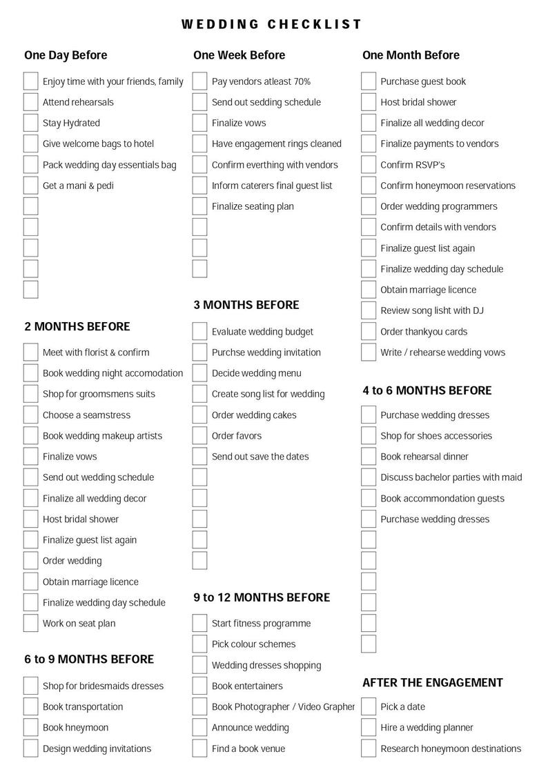Wedding Planner Checklist: 12 Month Bride's To-do List (printable PDF ...
