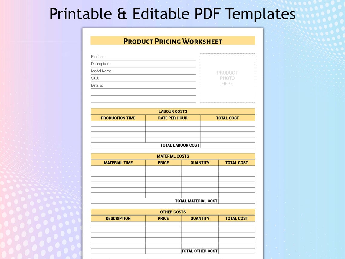 Product Pricing Worksheet, Simple Product Pricing Printable, Product ...