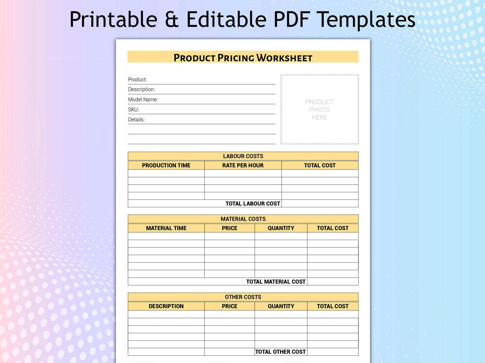 Product Pricing Worksheet, Simple Product Pricing Printable, Product ...