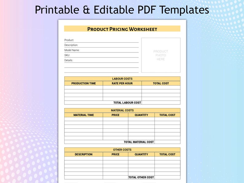 Product Pricing Worksheet, Simple Product Pricing Printable, Product ...