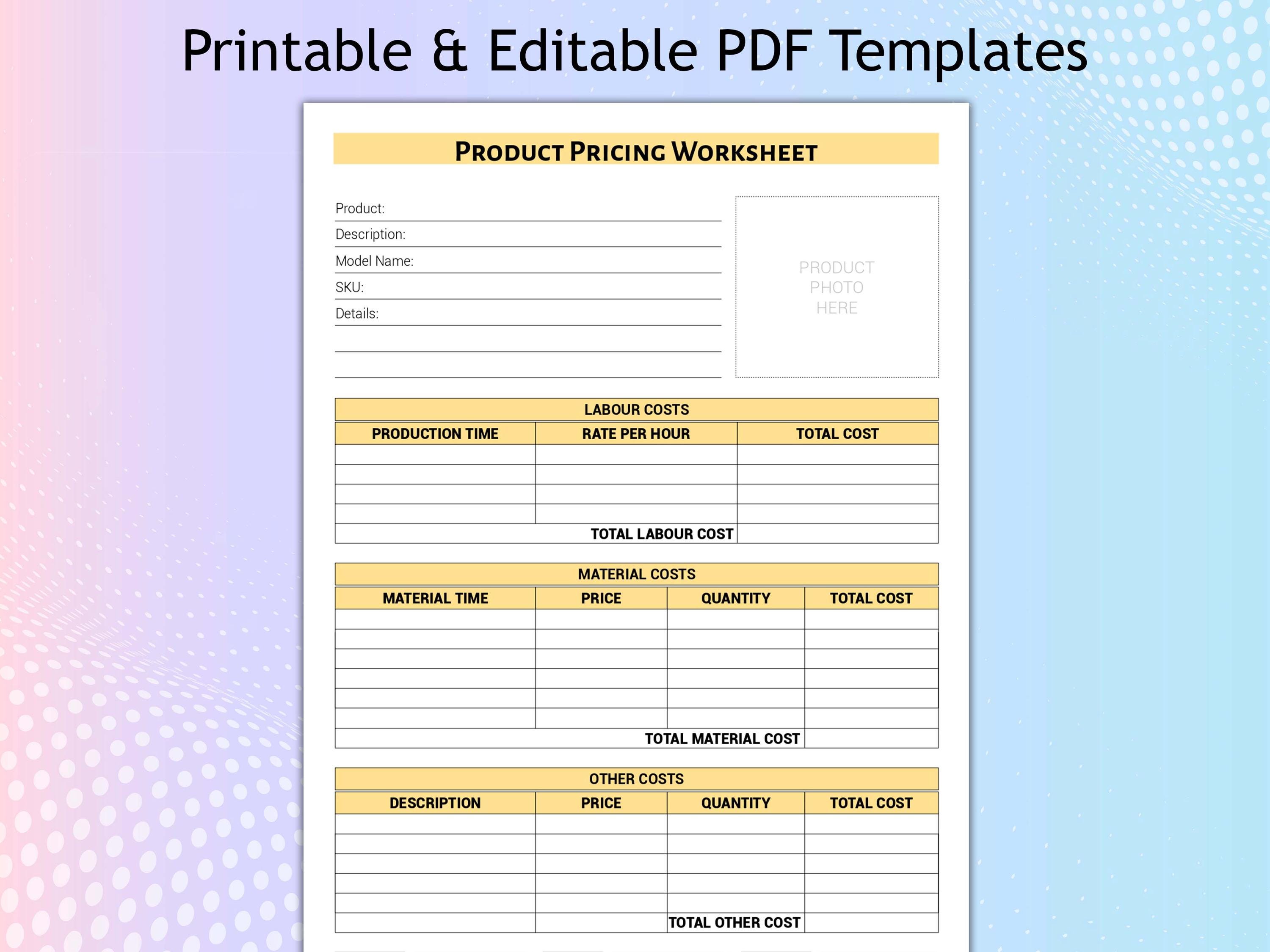 Product Pricing Worksheet, Simple Product Pricing Printable, Product ...