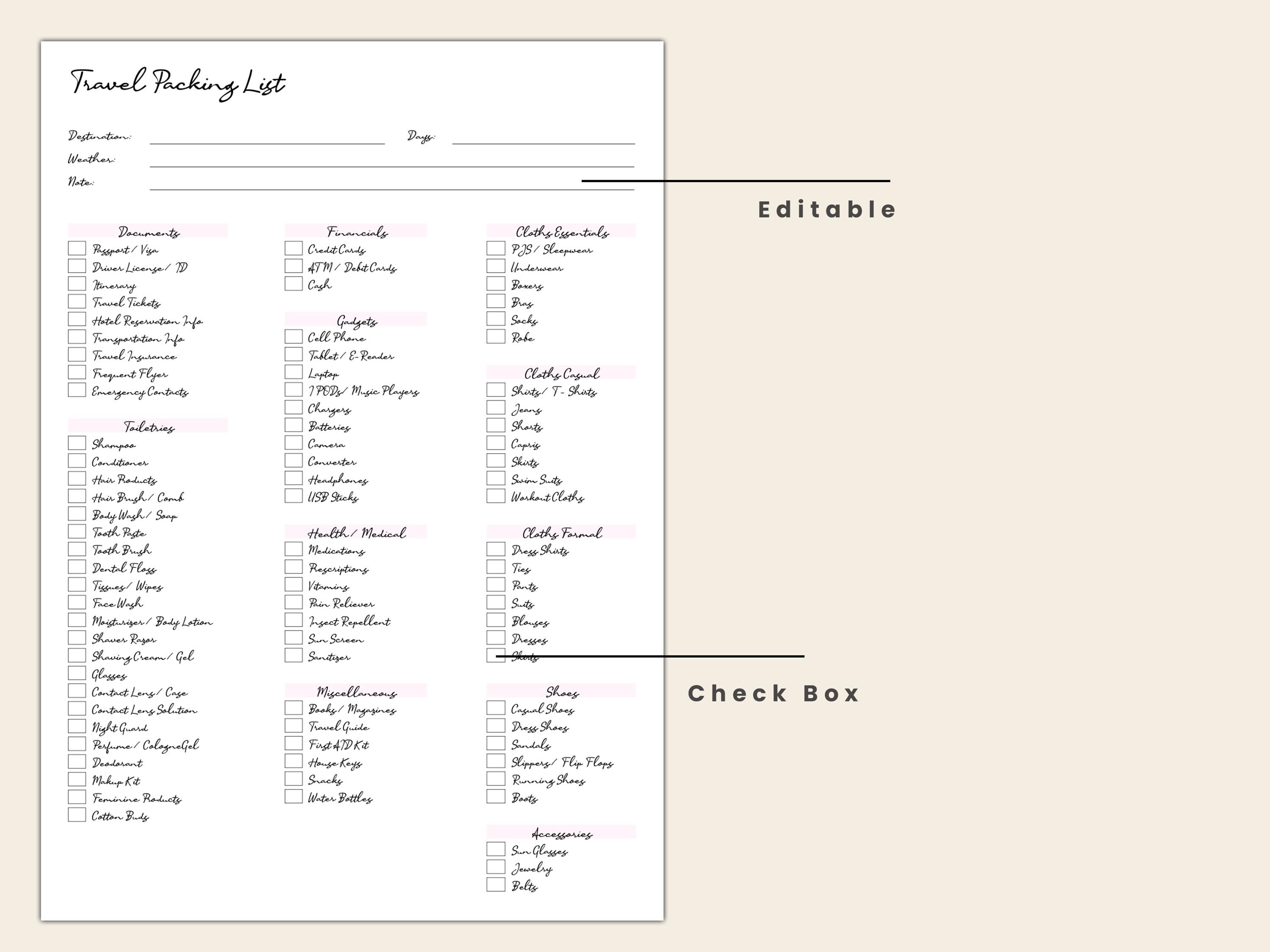Travel Packing List Template, Travel Packing List Holiday, Travel ...